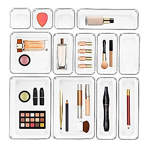 Ravinte 13 PCS Drawer Organizer Plastic Storage Bins, 5 - Size Kitchen Drawer Organizer with Non-Slip Pads Clear Desk Storage Tray for Makeup, Jewelries, Kitchen Utensils and Office