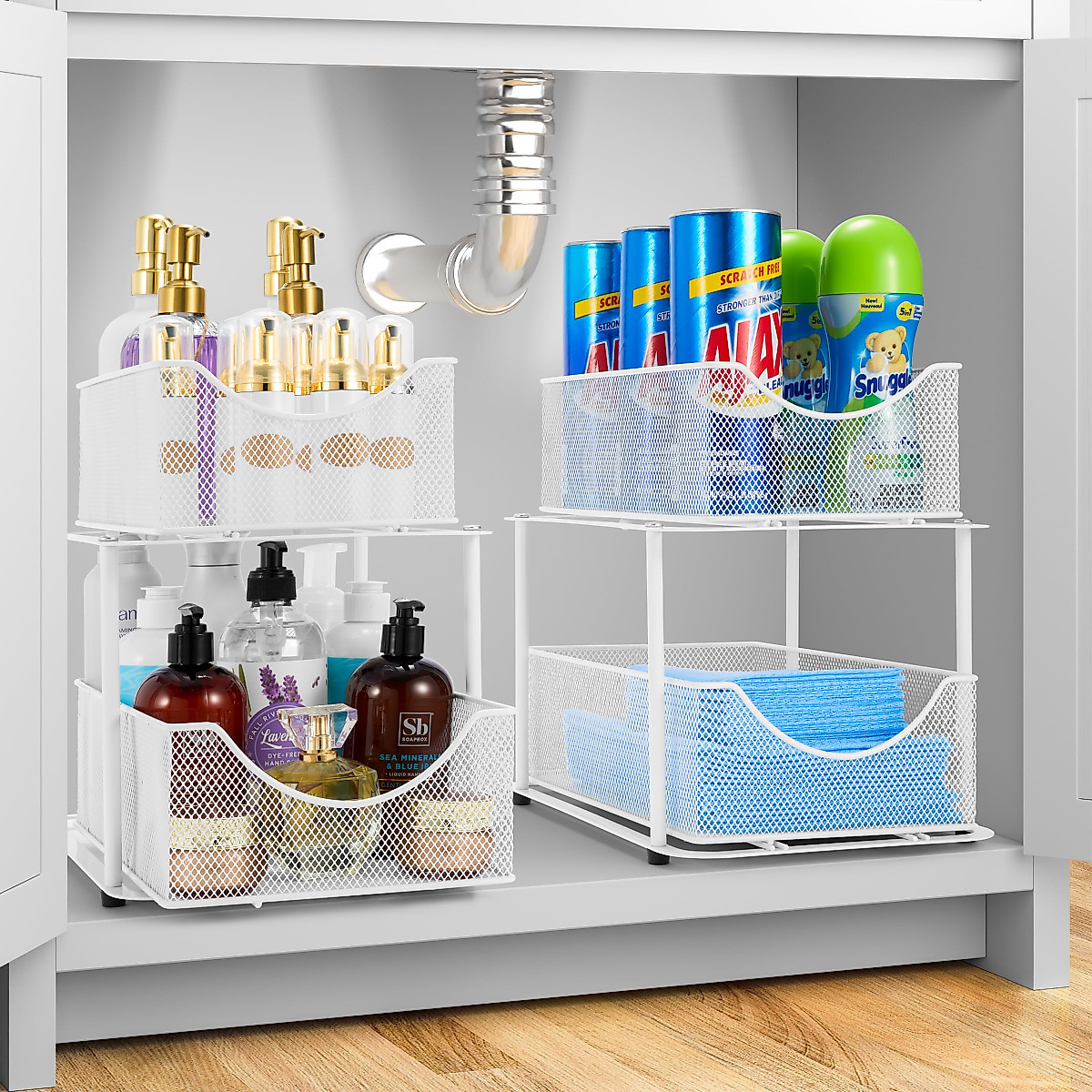 Sorbus 2 Tier Under the Sink Organizer Baskets with Mesh Sliding Drawers —Ideal for Cabinet, Countertop, Pantry, and Desktop, for Bathroom, Kitchen, Office, etc.—Made of Steel (White)