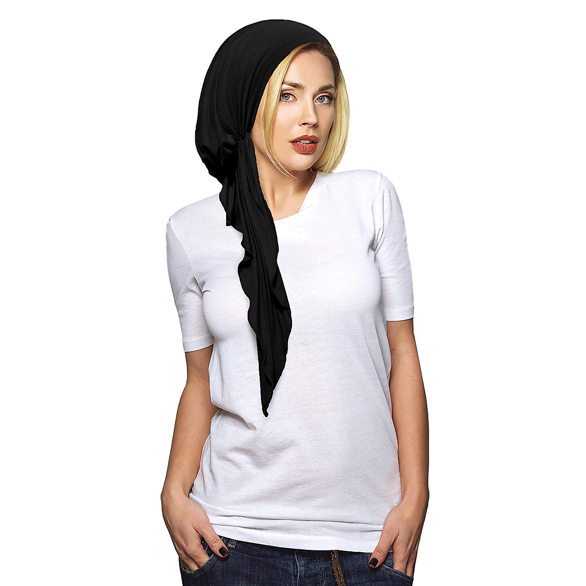 ShariRose Black Headscarf Soft Cotton Pre-tied Head Covering for Women Head wear Head wrap Versatile Long Head wrap Bandana Turban Wrap (Black long - 046)