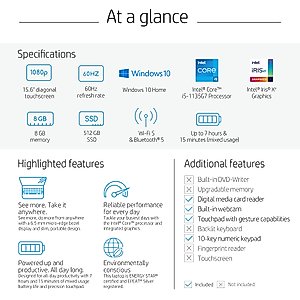 HP 15.6" Full HD Diagonal Laptop, Intel Core i5-1135G7 Processor, 8GB DDR4, 512GB SSD, 802.11ac, Bluetooth 4.2, HDMI, Windows 10, W/Valinor Accessories
