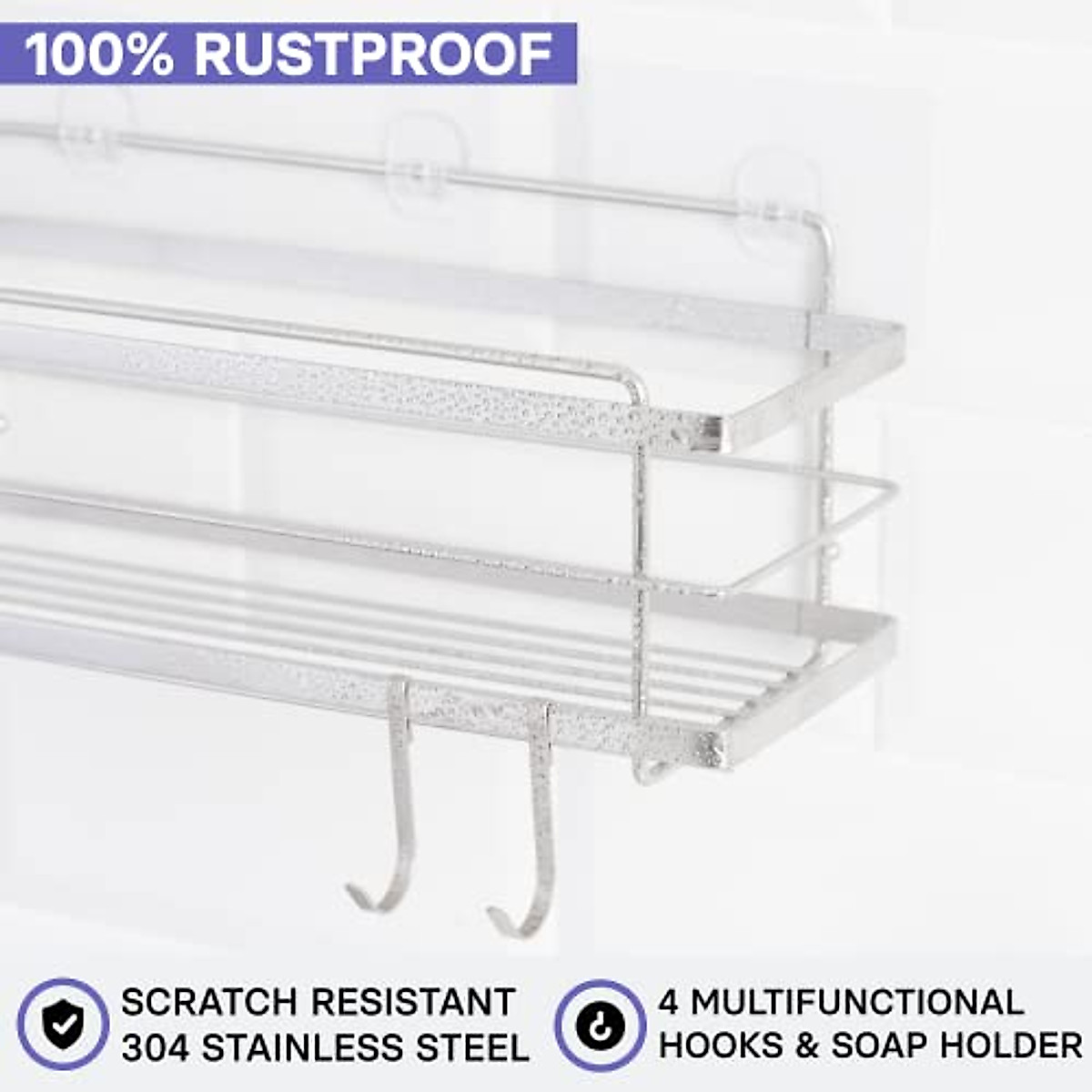 KINCMAX Shower Caddy and Soap Holder, Rustproof SUS304 Stainless Steel, Adhesive Wall Mount Double Baskets 2-pack with Hooks (Polished Silver)