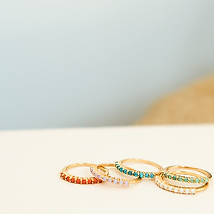 espere White Opal Half Eternity Band Wedding Ring | 18K Gold Plated Sterling Silver Dainty Linear Opal Stacking Bands | Minimalist October Birthstone Jewelry Gift for Her [Size 5]