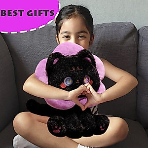 ELAINREN Crazy Flower Cat Plush Kitten Toy, Cute Kitty Stuffed Animal Floral Cat Plushie Soft Hugging Pillow Decor Furry Black Kitten Cat Dolls Gifts for Xmas,11.8''