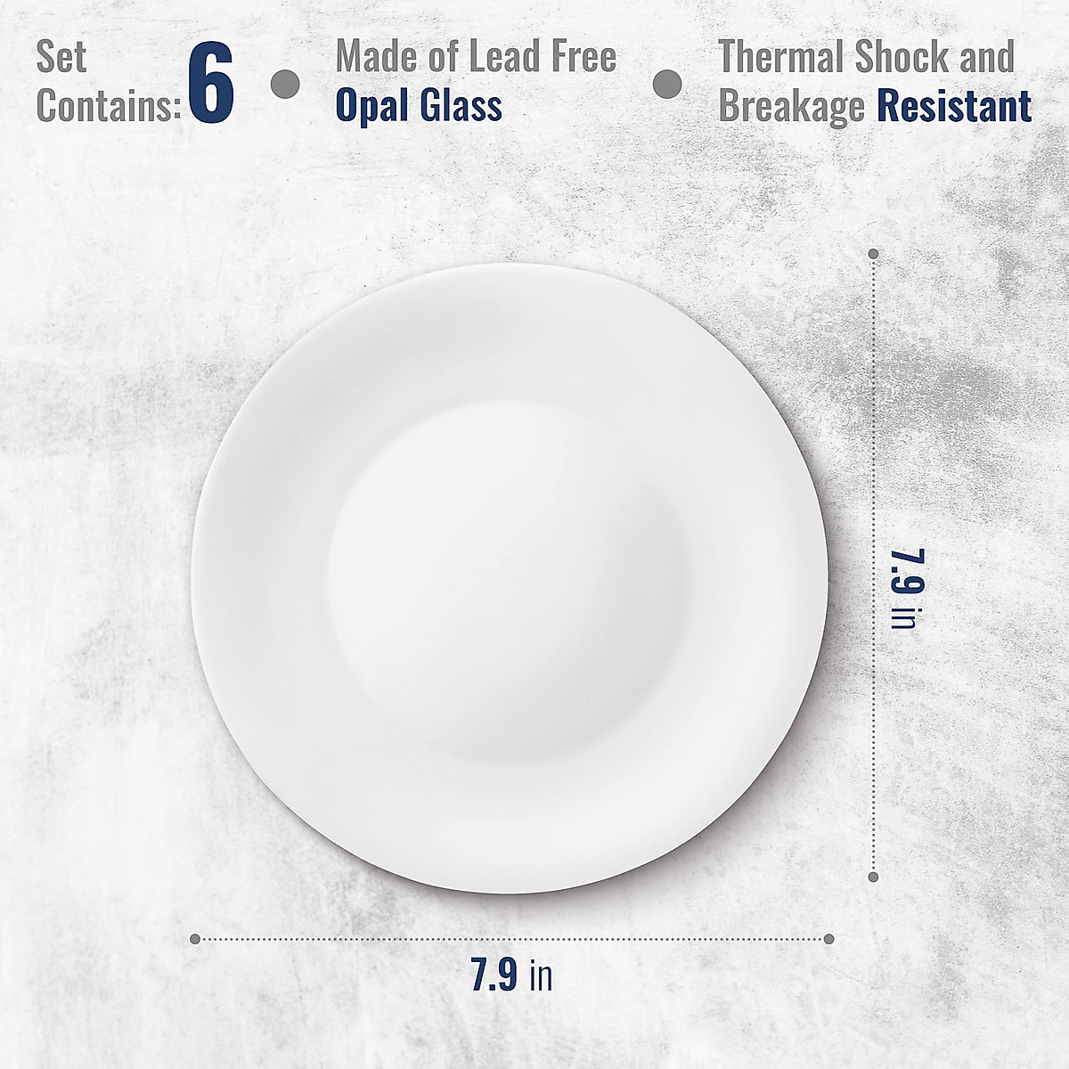 Bormioli Rocco Set Of 6 White Moon 7.9 Inch Dessert Plate Tempered Opal Glass Dishes, Dishwasher & Microwave Safe, Made In Spain.