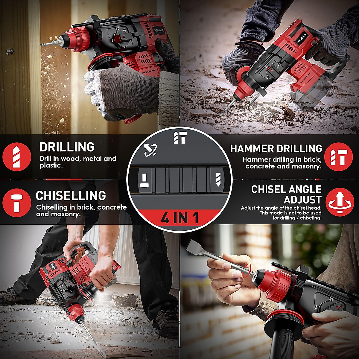 Rotary Hammer Drill For Milwaukee 18V: 1" SDS Plus Brushless Rotary Hammer - Safety Clutch 4 Application Modes Fastest Drilling For Concrete Tile Wood Wall Including 4 Drill Bits(Battery not included)