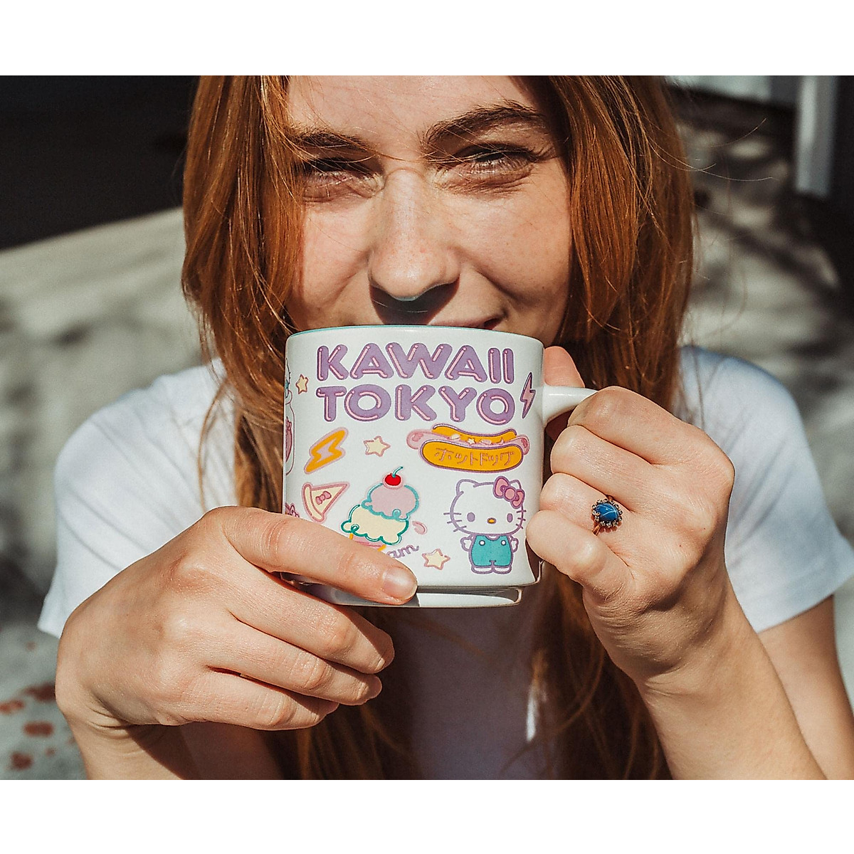 Silver Buffalo Hello Kitty Kawaii Tokyo Allover Icons Ceramic Stacking Mug | Holds 13 Ounces