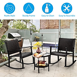 RELAX4LIFE 3-Piece Rocking Bistro Set - PE Wicker Outdoor Rocking Chair Furniture Set w/Side Table and Extra Storage Shelf, Patio Conversation Set for Porch, Balcony Deck