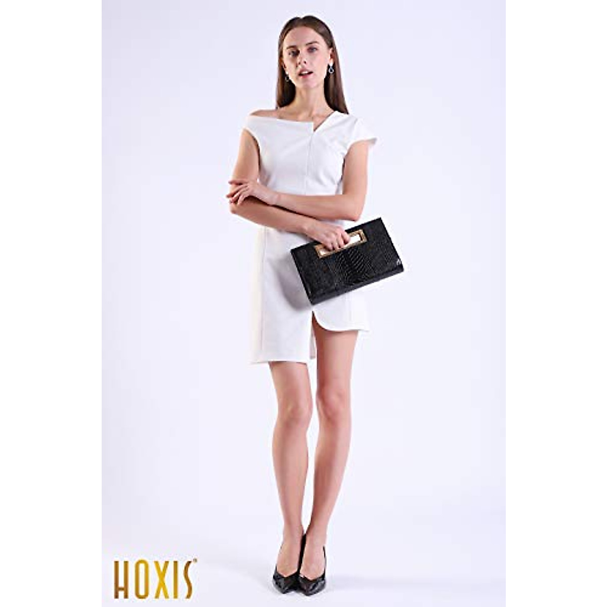 HOXIS Classic Crocodile Pattern Faux Patent Leather Metal Grip Cut it out Clutch with Shoulder Strap Womens Handbag(Black)