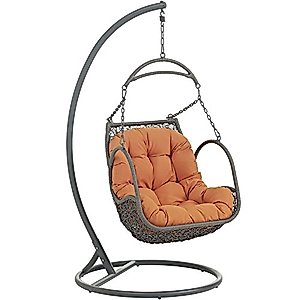 Modway Arbor Wicker Rattan Outdoor Patio Porch Lounge Hanging Swing Chair Set with Stand in Orange