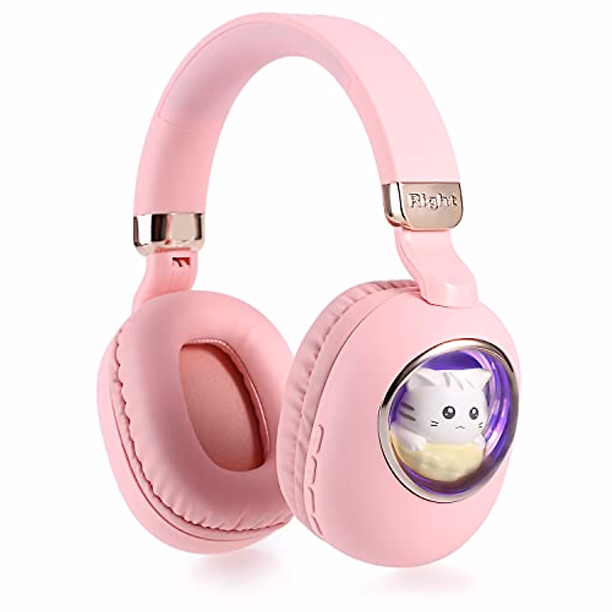 Usoun Kids Wireless Headphones, Bluetooth Over Ear Headphones with Cute Cat Colorful LED Lights,Wireless&Wired,Foldable,Build-in Mic,Bluetooth Headphones for Kids Girls Teens Adults,School (Pink)