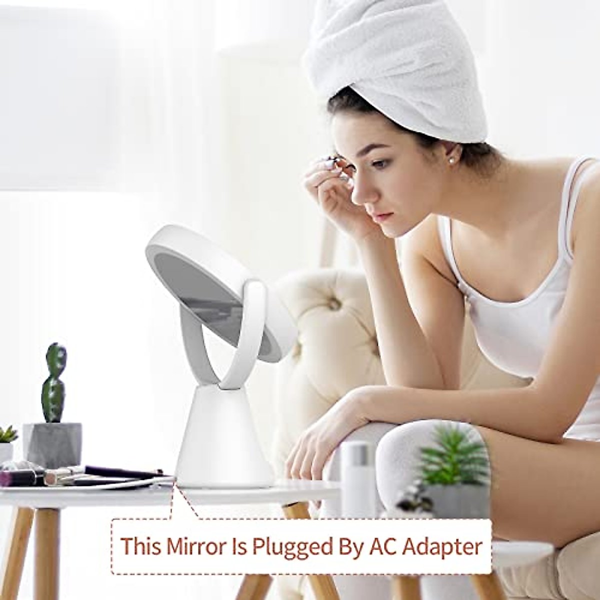 Lighted Makeup Vanity Mirror with 3 Colors, 6.5" Double Sided 1x/10x Magnifying Mirror with Lights, Adjustable Brightness&Standing Height, 360 Degree Rotation Touch Sensor,AC Adapter Powered