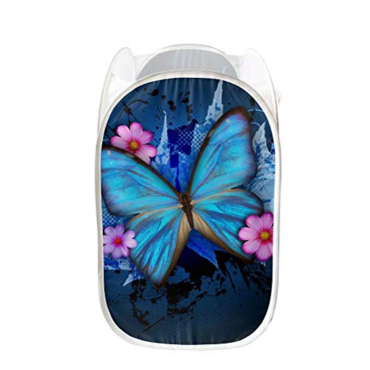 NDISTIN Trendy Blue Butterfly Pop-Up Laundry Hamper with Side Pocket Durable Mesh Fabric Laundry Bag for Hamper Collapsible Clothes Hamper for Bedroom, Kids Room, College Dormitory and Travel L