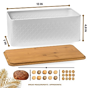 White Bread Box For Kitchen Countertop - Bread Box With Bamboo Wood Cutting Board Lid - Farmhouse White Bread Boxes - Metal Large Bread Box Modern Style To Extend Freshness - Bread Storage Container