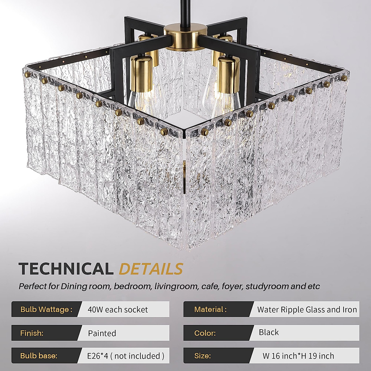 KINGTORO Modern Crystal Chandelier,16" Black Chandeliers for Dining Room, Adjustable Height,Water Ripple Glass,Hanging Pendant Light Fixture for Kitchen Island Entryway Foyer Hallway Living Room