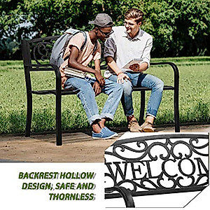 2 Person Outdoor Bench Metal Entryway Bench Garden Patio Bench with Warm Welcome Pattern Backrest and Elegant Flower Finish Porch Bench for Yard Lawn Work Entryway Deck Patio Furniture Bench Black