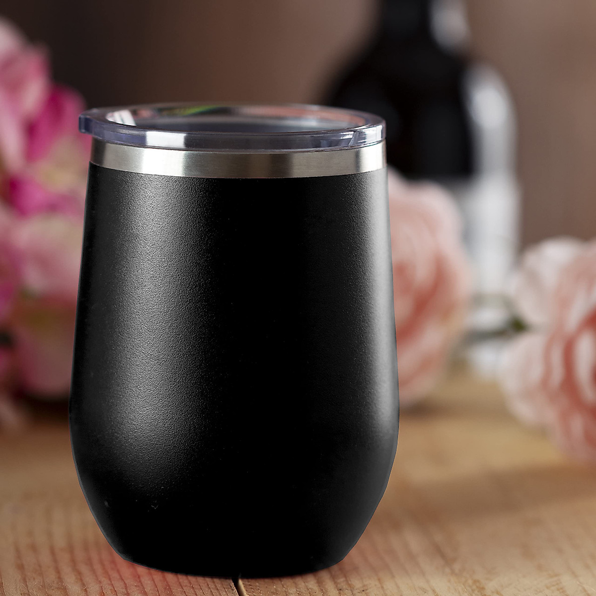 LaserGram Double Wall Stainless Steel Wine Glass Tumbler, Queen Crown, Personalized Engraving Included (Black)