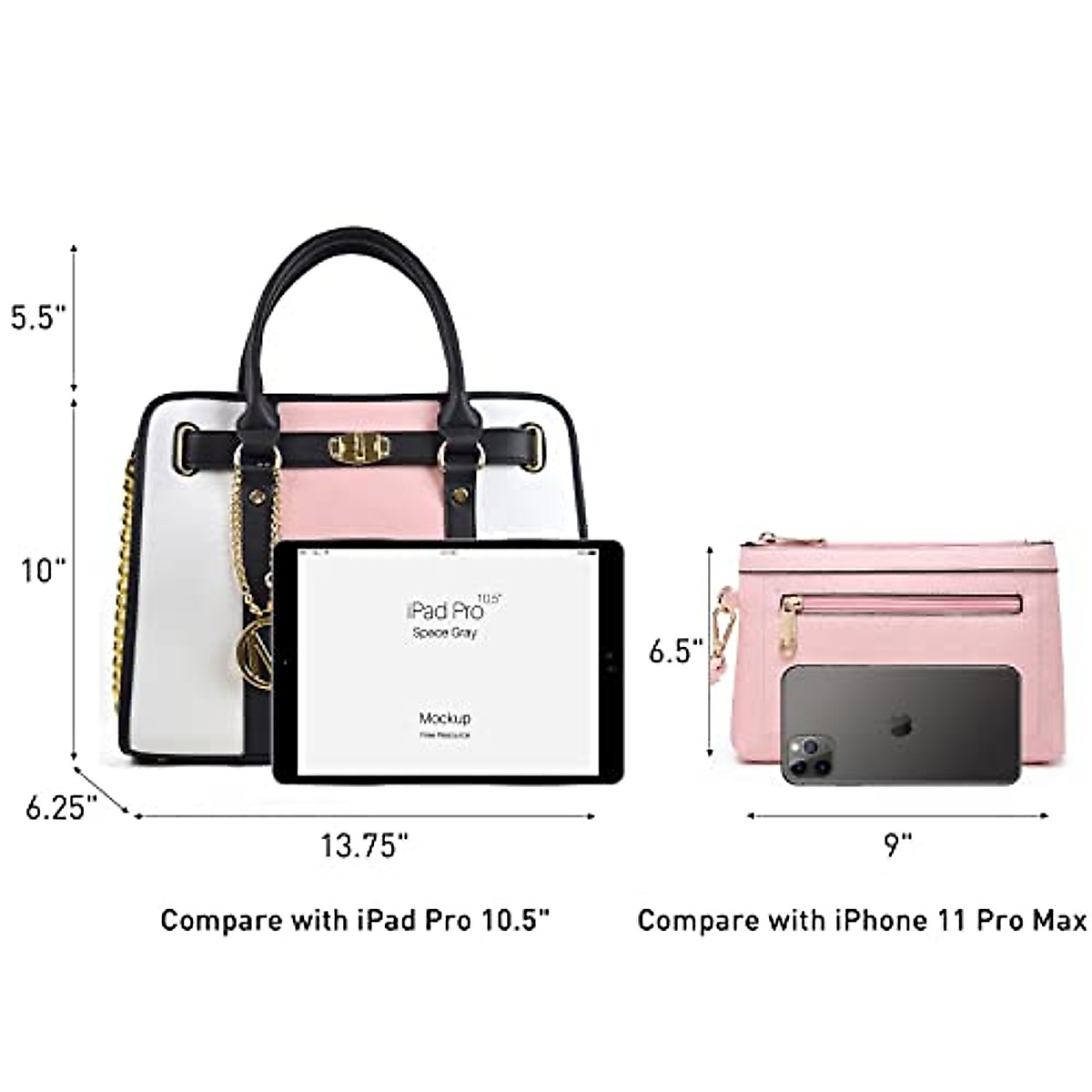 Women Fashion Satchel Shoulder Purse Vegan Leather Tote Handbags Top Handle Bag 2pcs with Wallet(Pink/White)