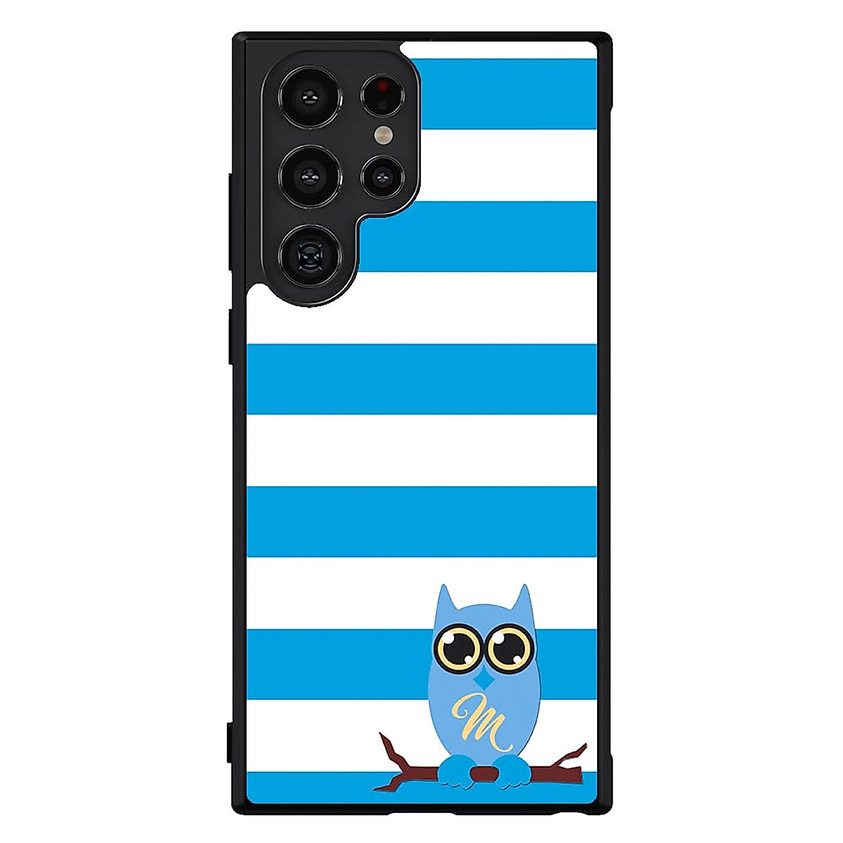 Blue and White Bars Owl Personalized Initial Phone Case Compatible With Samsung Galaxy S25 S25+ S25 Ultra S24 S24+ S24 Ultra S24FE, S23 FE S23+ Ultra S22 S22+ Ultra