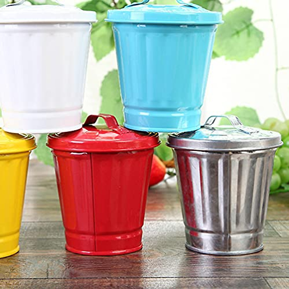 NUOBESTY Galvanized Trash Can with Lid Mini Wastebasket Trash Can Small Metal Buckets with Lids Mini Tabletop Trash Can Mini Metal Rubbish Bin Flower Pot Pen Holder(9.50X9.00X9.00cm)