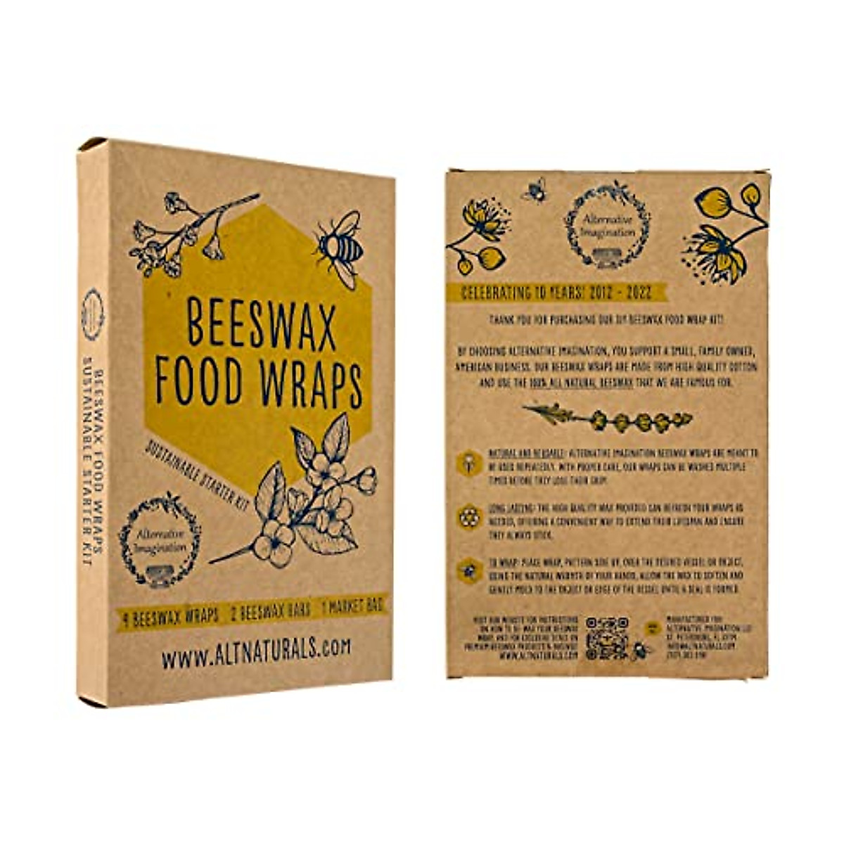 Beeswax Wrap Kit: Reusable Food Grade Beeswax Wraps for Food, Snacks, Sandwich, Eco Friendly Kitchen Storage - Includes 2 Wraps, 2 Beeswax Bars and Reusable Cotton Mesh Market Bag - Cute Fruit Themes