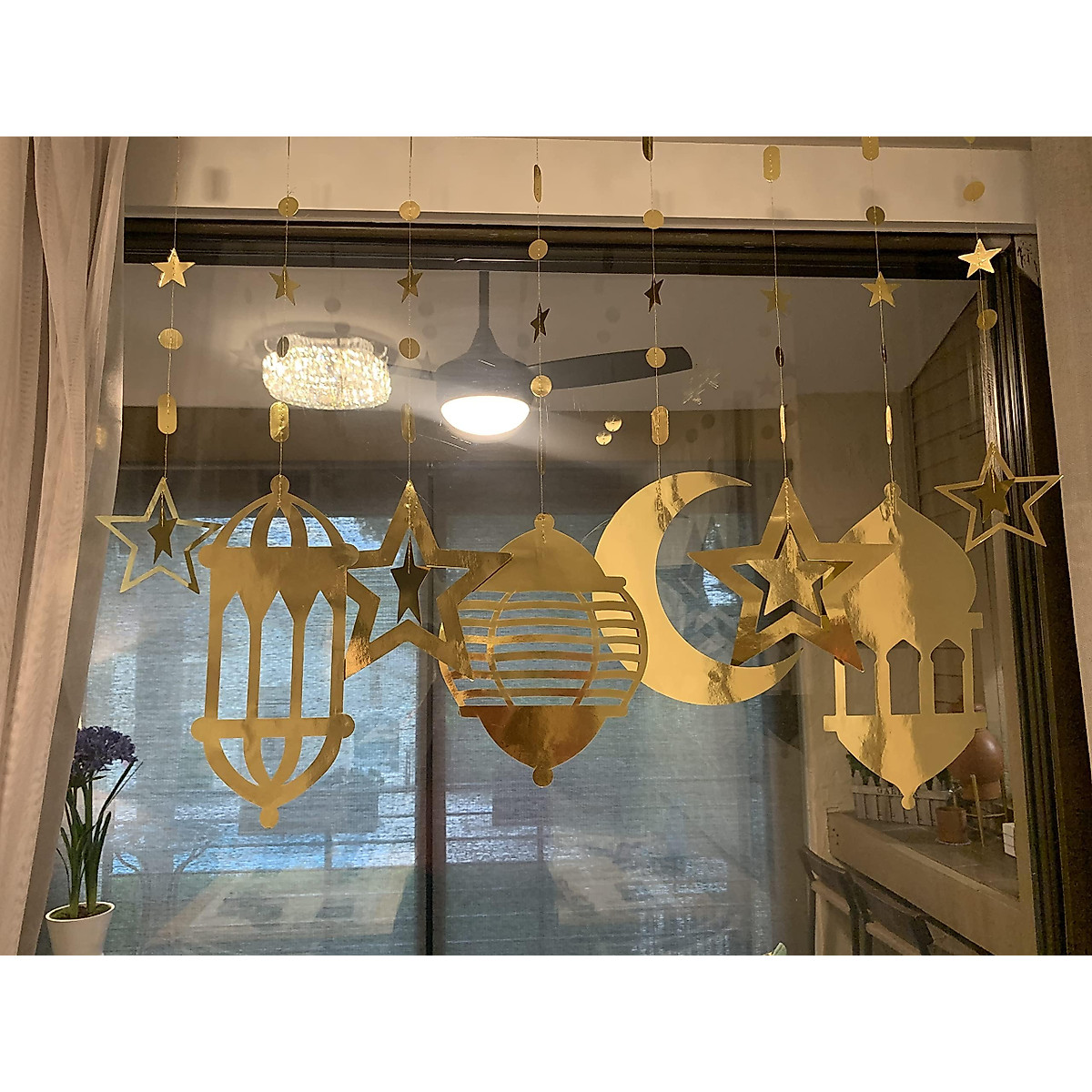 16pcs Islamic Gold Star Crescent Moon Lantern Ramadan Garland EID Decoration Home Happy Ramadan Mubarak Party Decor Hanging Streamer Wedding Backdrop Banner Aladdin Birthday Party Supplies