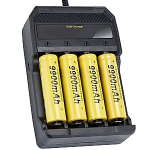 4-Bay 18650 Rechargeable Battery USB Charger, Universal Smart Charger for LED Flashlights, Headlights, Toys (4 Pack Button Top Battery)