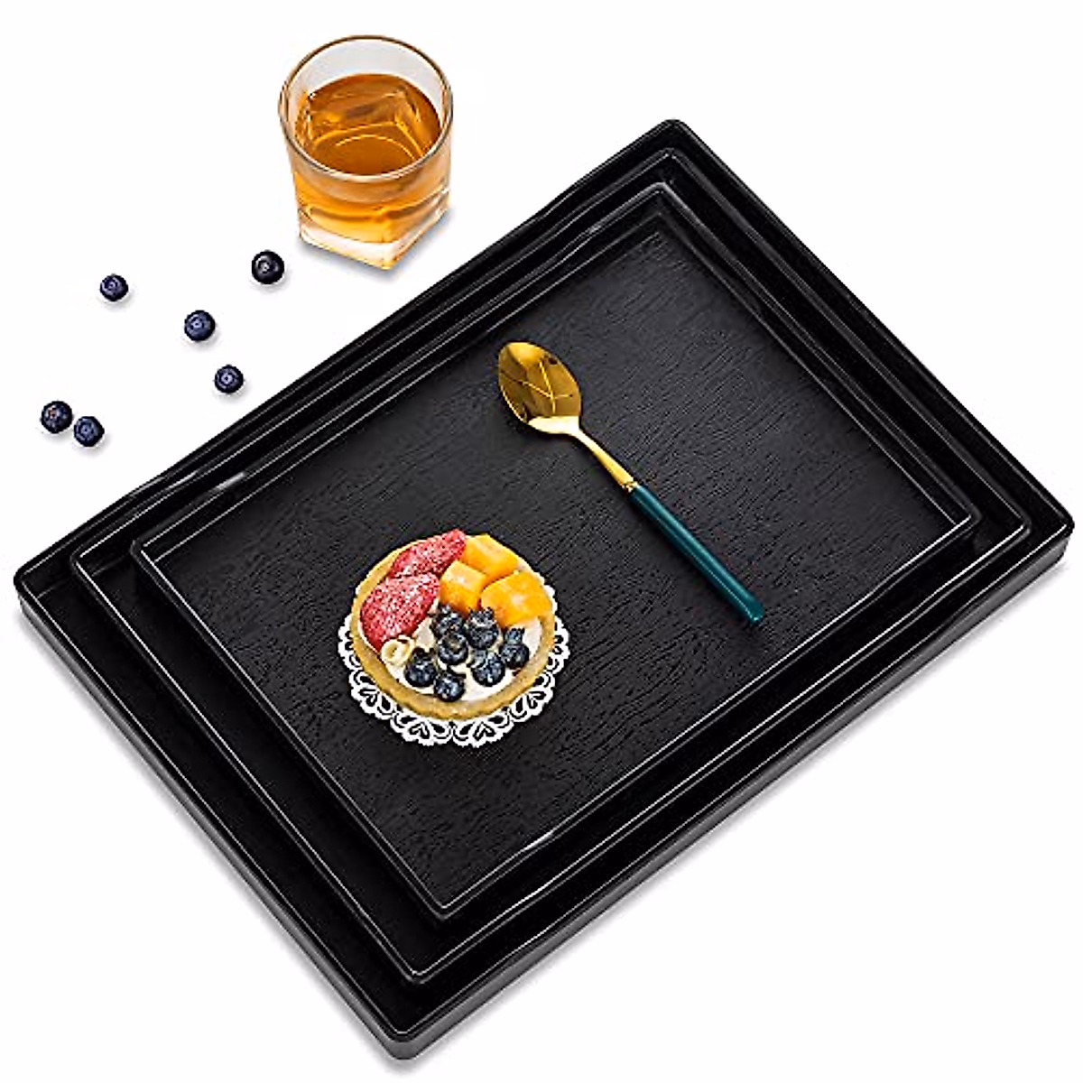 Plastic Serving Tray for Food 3Pcs Melamine Tray Platter with Wooden Wrinkle Black Rectangular Serving Board for Tea/Coffee/Fruit/Bread/Cake/Pastries/Cookie Tray for Home Wedding Kitchen Countertop