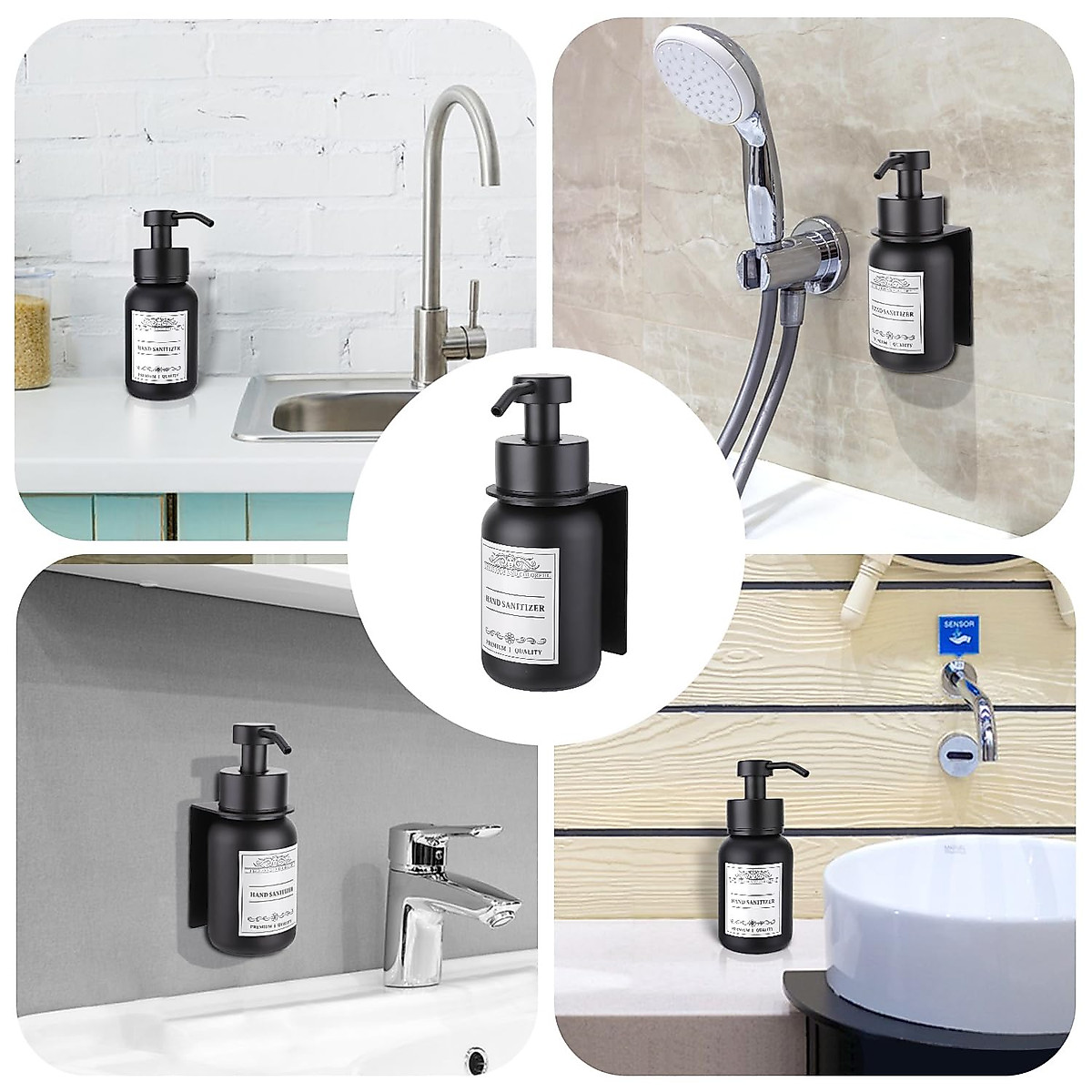 Nobtou Black Soap Dispenser Wall Mount for Bathroom - 8.5 Oz Glass Hand Soap Dispenser with Pump and Drill-Free Wall Mount Holders, Shower Soap Dispenser with Waterproof Labels
