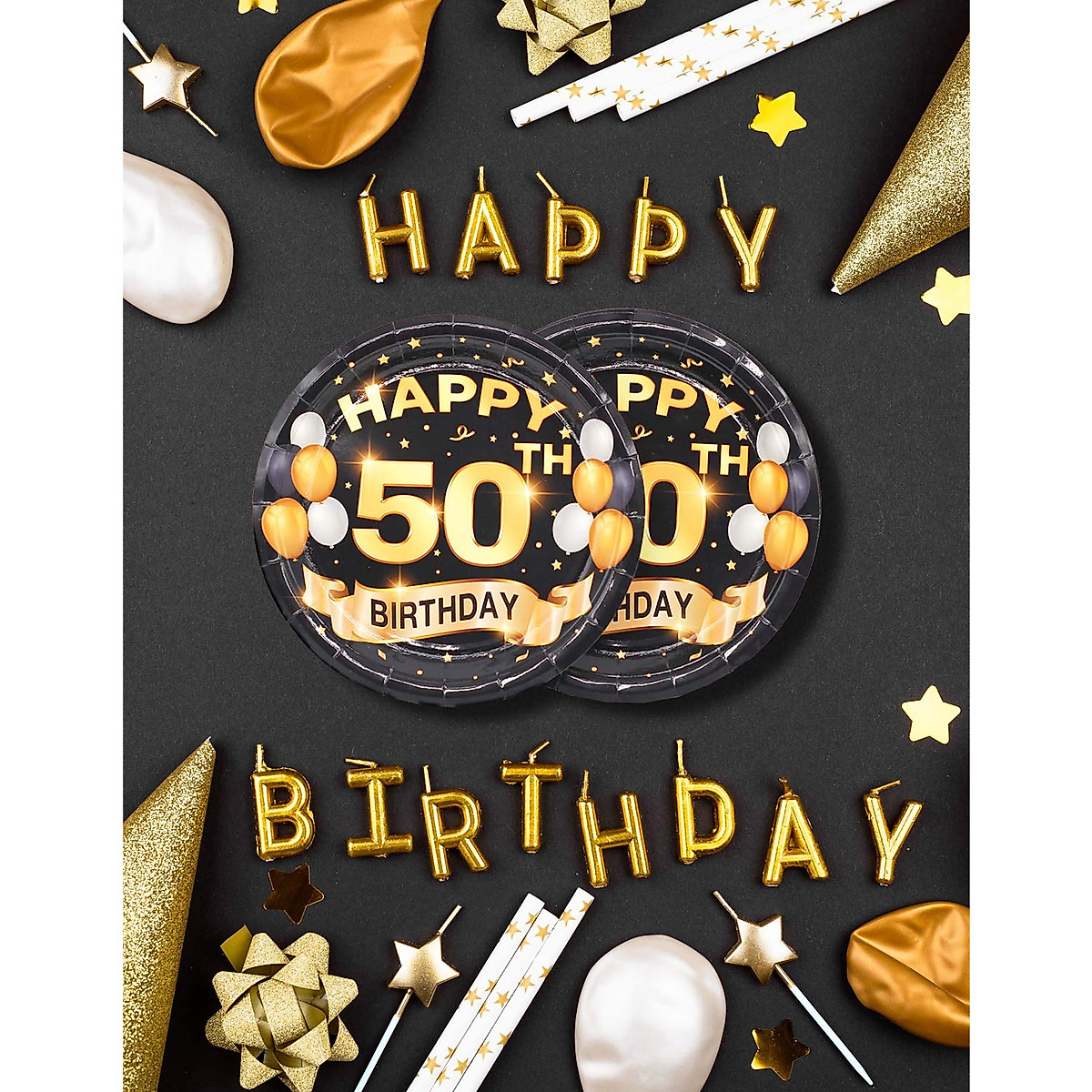50th Birthday Plates Black and Gold Dessert, Buffet, Cake, Lunch, Dinner Plates for 50th Birthday Decorations Party Supplies, Happy 50th Birthday! 50 Count, 9" Plate Design for 50th Birthday Party