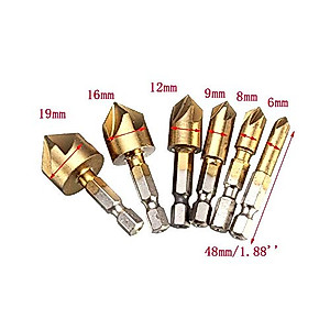 Y-imoi - Countersink Drill Bit Countersink Drill Bit Set 6 Pcs 1/4'' Hex Shank Titanium Plated HSS 5 Flute Countersink 90 Degree Center Punch Tool Chamfer Bit Sets for Wood Quick Change Bit 6mm-19mm