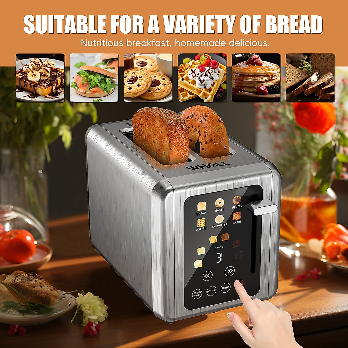 WHALL Touch Screen Toaster 2 Slice, Stainless Steel Digital Timer Toaster, 6 Bread Types & 6 Shade Settings, Smart Extra Wide Slots Toaster With Bagel, Cancel, Defrost Functions