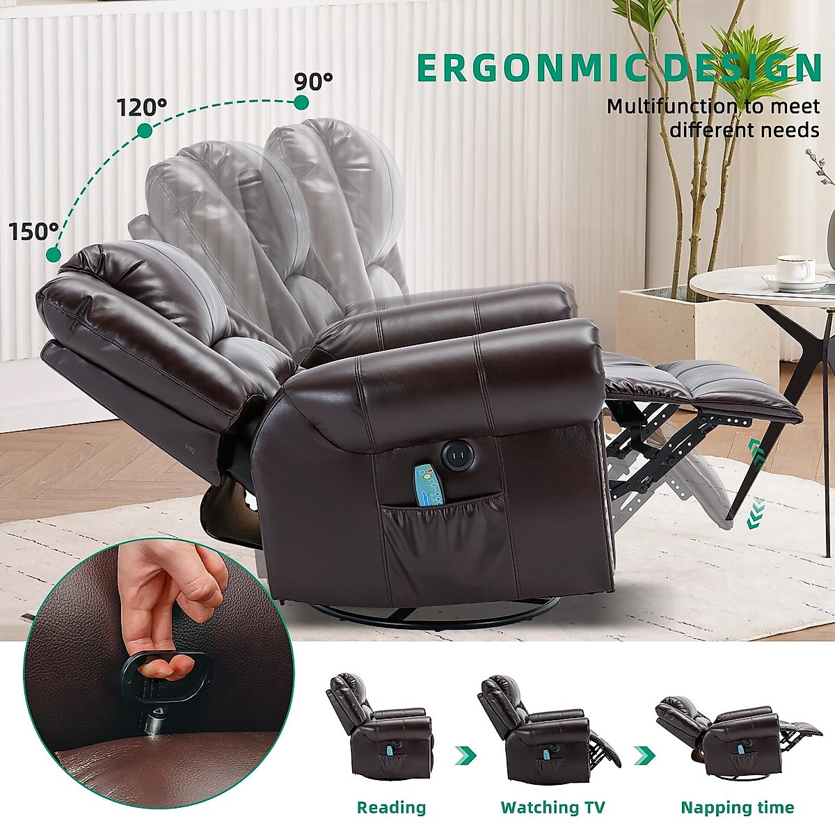VIVIJASON Massage Swivel Rocker Recliner Chair with Heat & Vibration, 360° Swivel Manual Glider Rocking Reclining Chair with 2 Remote Controls, Side Pockets & USB Ports for Living Room, Brown