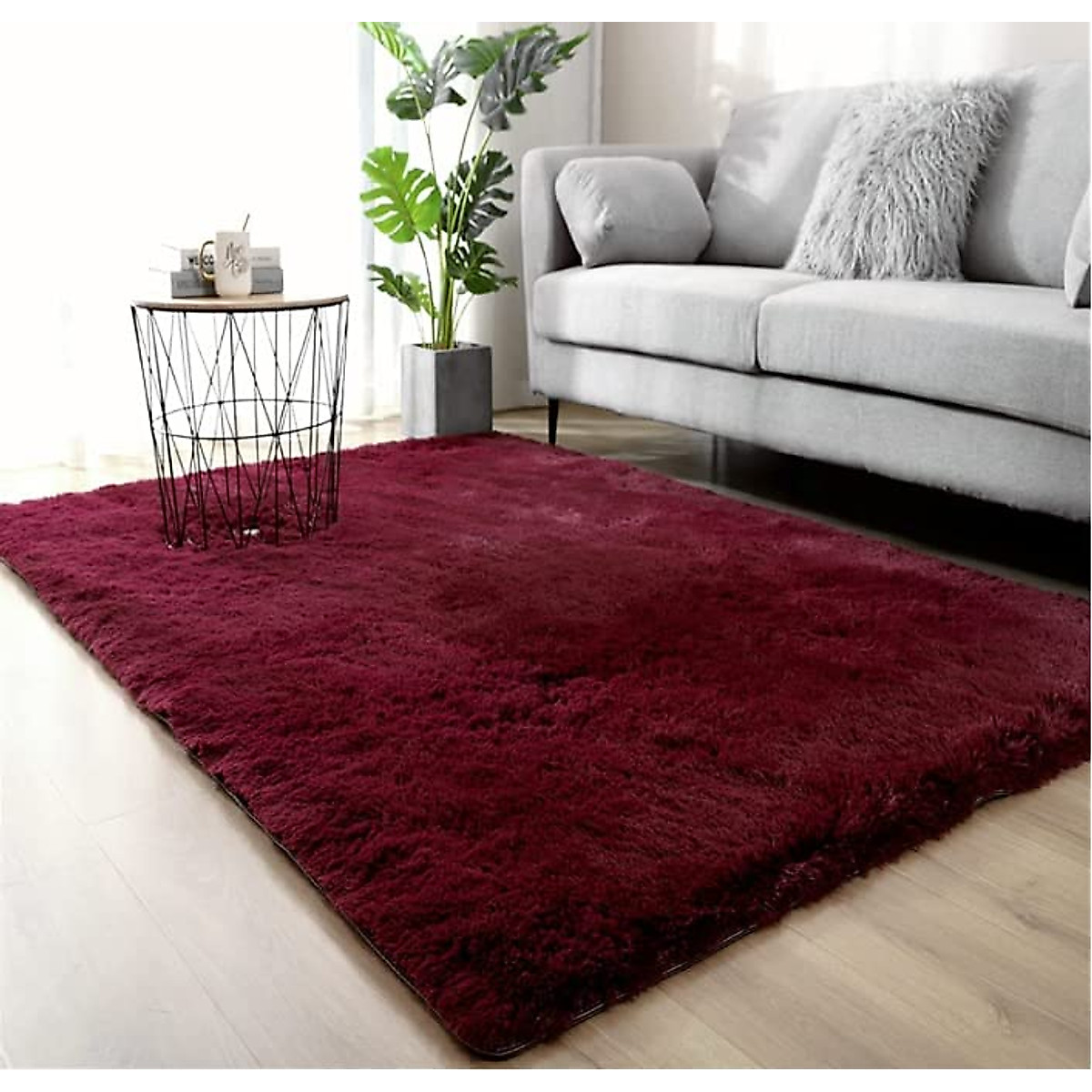 Shaggy 3.2' x 5.2' Area Rug Modern Indoor Plush Fluffy Rugs, Extra Soft Comfy Carpets, Cute Cozy Area Rugs for Bedroom Living Room Girls Boys Kids, Red Wine