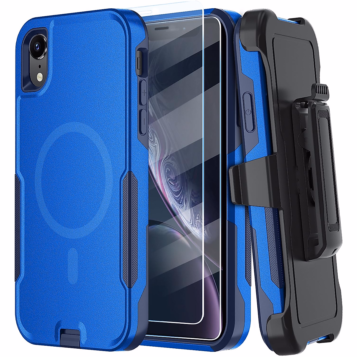 CONWOE for iPhone XR Case with Belt-Clip Holster[2Pcs Glass Screen Protector] [Dual Layer Military Grade Protection] [Support Magsafe] Shockproof Phone Case for iPhone XR 6.1 Inch (dark blue)