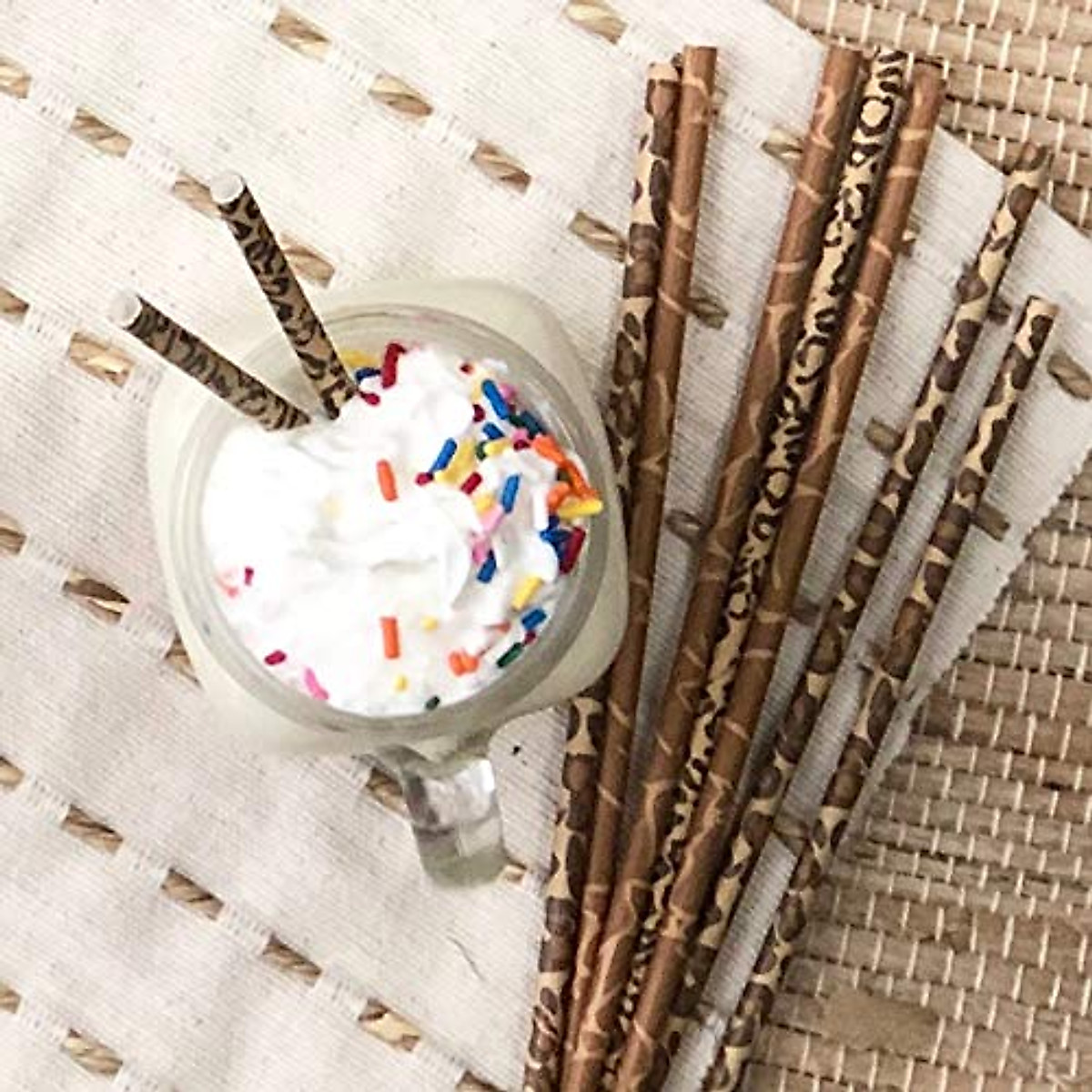 Animal Print Paper Straws - Safari Theme - Leopard Giraffe Cheetah Print - Black Brown Tan - 100 Pack Outside the Box Papers Brand