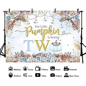 MEHOFOND 7x5ft Boho Blue Fall Pumpkin 2nd Birthday Backdrop Autumn Our Little Pumpkin is Turning Two Bday Party Photography Background Boho Floral Gold Glitter Party Decor Cake Smash Photo Prop