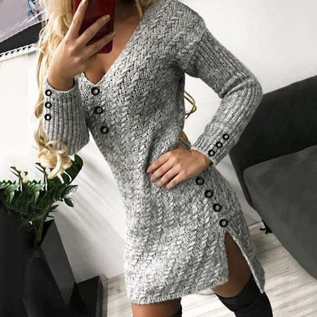 FAMOORE Sexy Long Sleeve Plus Size Dress for Women Women's Long Sleeve Dress Knit Sweater Short Sexy Dress Striped Midi Dress Grey