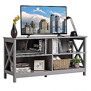 KOTEK Wooden TV Stand for TVs up to 55 Inch, Farmhouse TV Console Table with 4 Open Storage Shelves, Entertainment Center Television Stand for Living Room, Bedroom (Grey)