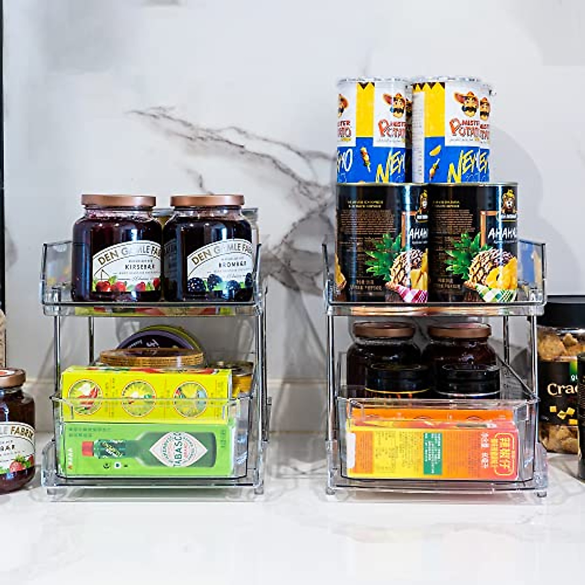 Hourleey 2 Tier Household Organizer with Dividers, Double Layer Multi-Purpose Slide-Out Bathroom Vanity Countertop Closet Organization, Refrigerator Organizers and Storage, For Kitchen Pantry Cabinet