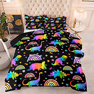 BSNTHO Rainbow Dinosaur Comforter Set Twin Colorful Dino Bedding Set for Boys Girls Kids Cartoon Dinosaur Comforter with Little Flowers 1 Comforter and 2 Pillowcases Ultra-Soft Lightweight