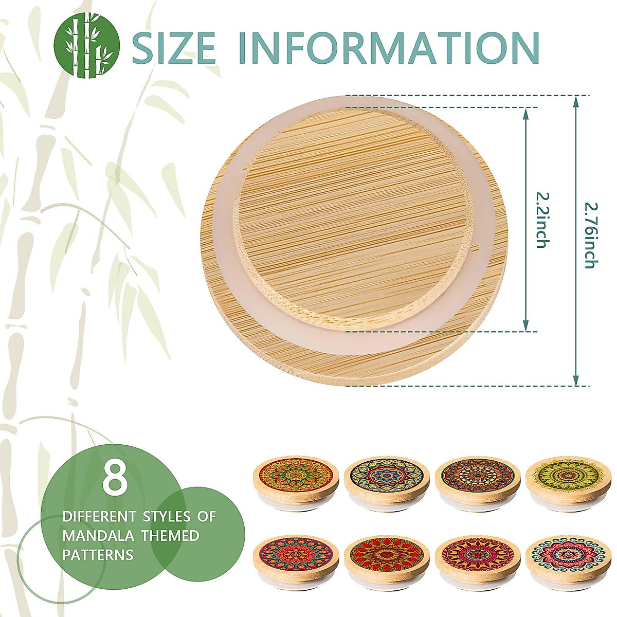 Beeveer 8 Pcs Bamboo Mason Jar Lids Regular Mouth Storage Yogurt Jar Lids with Airtight Silicone Sealing Rings Reusable Round Canning Lids(2.76 Inch)