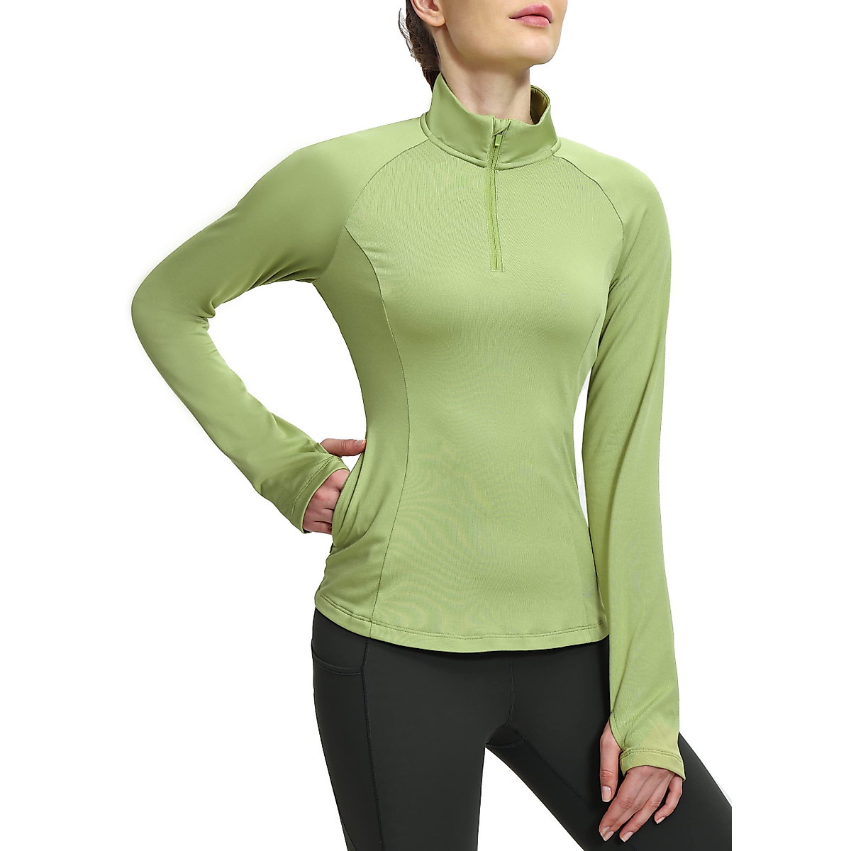 Hiverlay Women's Thermal Fleece Half Zip Thumbholes Long Sleeve Running Pullover Equestrian Shirt for Cold Weather Green XL