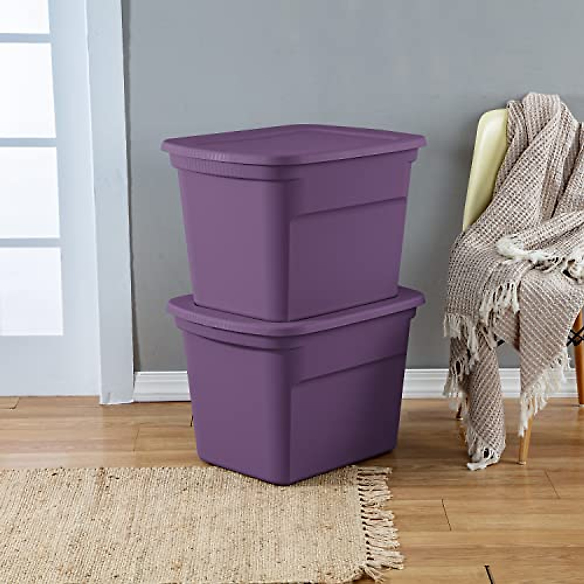 Sterilite 17318V08 Lidded Stackable 18 Gallon Storage Tote Container w/Handles and Indented Lid for Efficient, Space Saving Household Storage, Purple