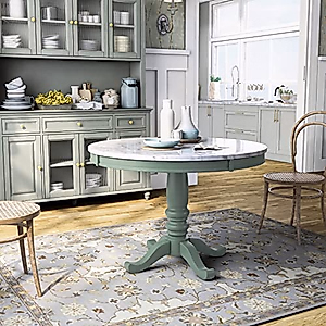 PayLessHere Dining Room Table with Elegant Turned Pedestal Base and Faux Marble Table Top, 42 Inch Round,White and Green