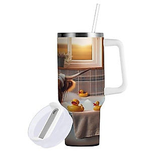 RPLIFE Highland Cow in Bathtub 40oz Tumbler with Handle, Stainless Steel Water Bottle with Straw, Travel Coffee Tumbler