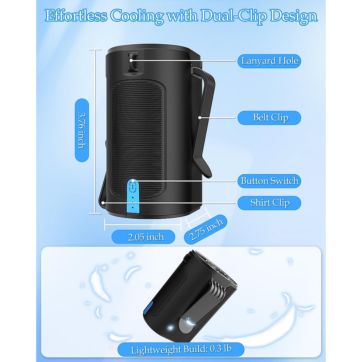 VEKK Portable Fan with Dual Clip, Personal Waist Fan up to 25H, 4 Speeds 7100RPM Clip Shirt fan with Gale-Force Airflow, Wearable Belt Fan Neck Fan for Sport, Outdoor, Jobsite, Traveling