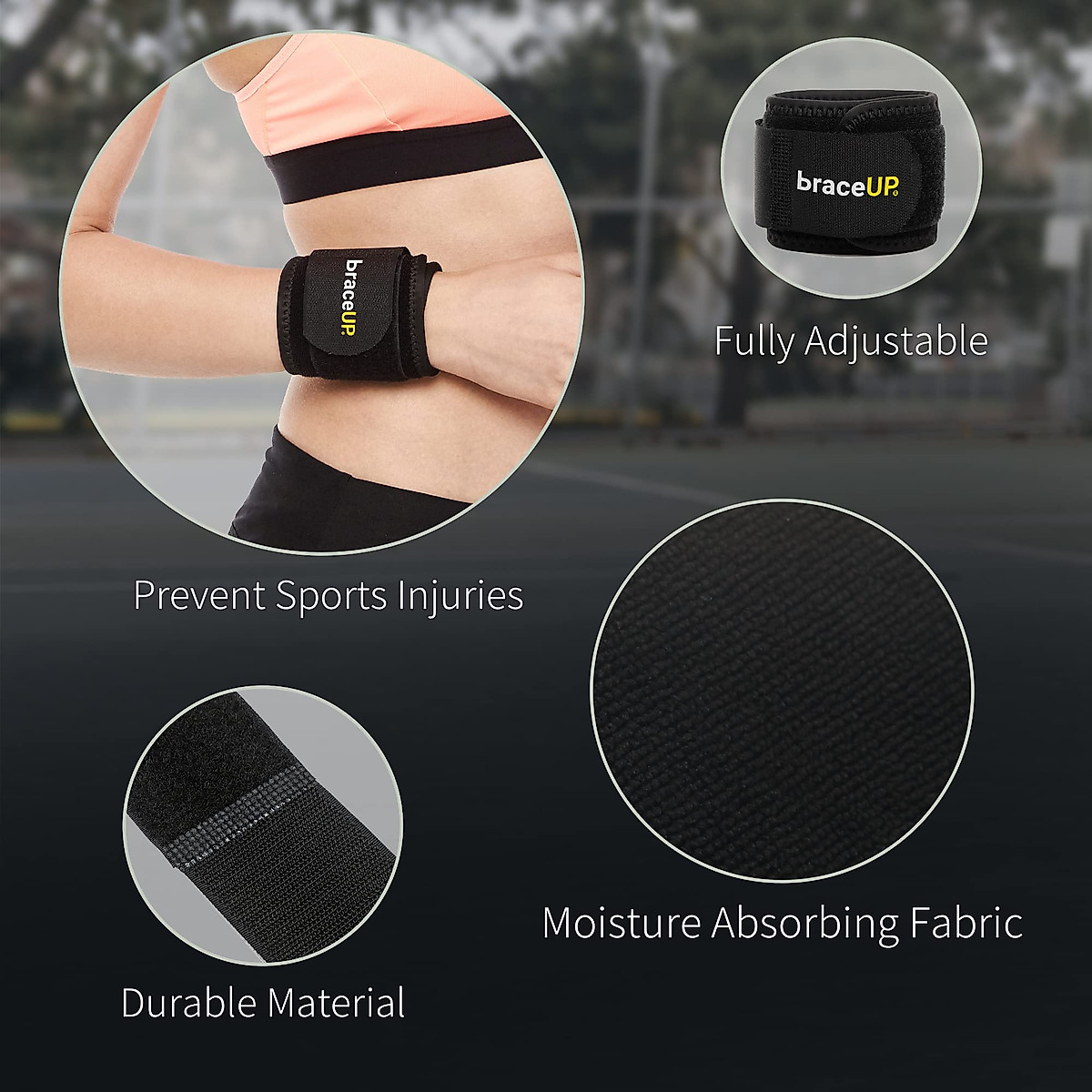 BraceUP Wrist Compression Strap and Wrist Wrap Wrist Band, Brace for Tendonitis, Tennis, Gym, Workout, One Size Adjustable (Black), 1 PC