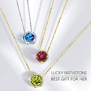 Carleen Solid 14K Yellow Gold Birthday Round Gemstone February Solitaire Amethyst Birthstone Necklace Pendant Delicate Dainty Fine Jewelry Anniversary Birthday Gift for Women Mom, 18 inch