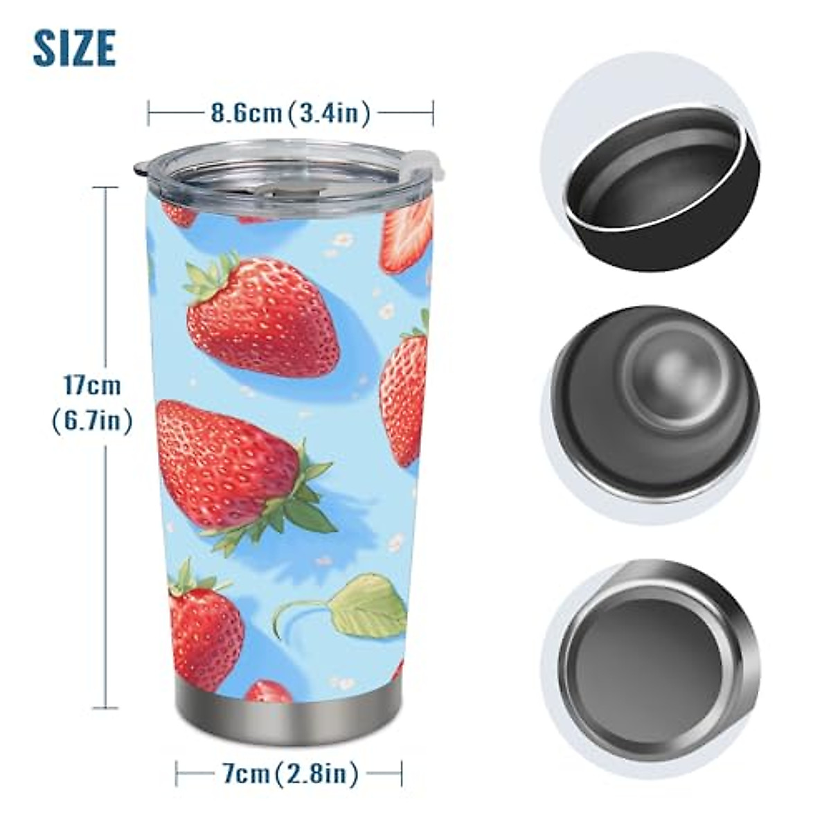 QWEUIOP 20oz Insulated Travel Coffee Mug Fruits Strawberry Pattern Stainless Steel Tumbler with Lid Double Wall Vacuum Coffee Cup For Hot and Cold Drinks14578