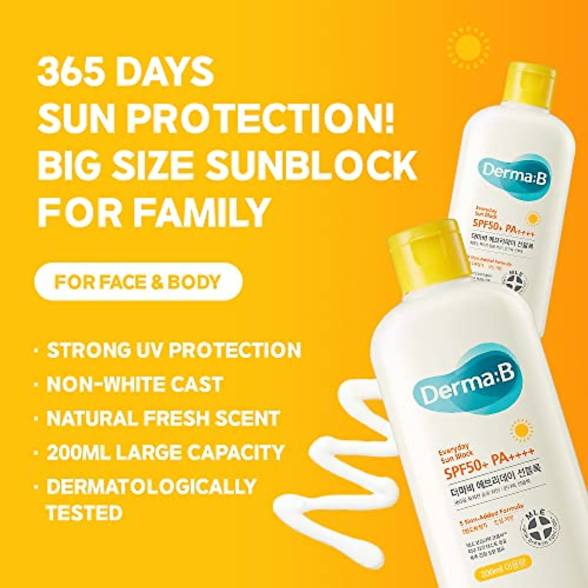 Derma B Everday Sun Block Sunscreen SPF 50+ PA++++ 6.71 Fl Oz, 200ml | Big Size SPF Moisturizer | Facial Body Sunblock | Korean Sunscreen Lotion